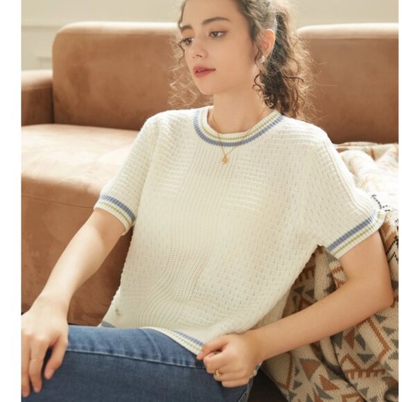 None | Tops | Womens Cream Textured Knit Short Sleeve Sweater Top ...